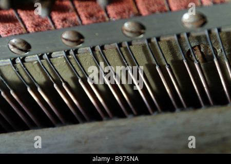Inside workings of a piano showing steel strings dampers and tuning ...