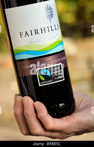 Fairtrade label on a bottle of South African wine Stock Photo - Alamy