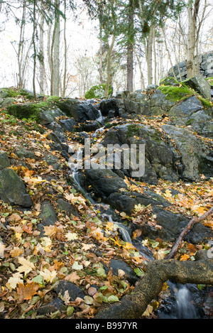 A low angle shot of a waterfall flowing down the rocks covered with ...