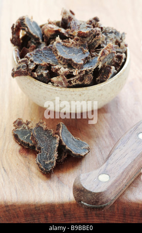 A plate of pieces of Biltong South African dried meat on white ...