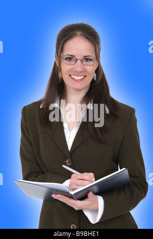 Isolated young business woman with notebook Stock Photo - Alamy