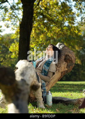 A vertical shot of fallen tree trunks in the moody autumn forest Stock ...