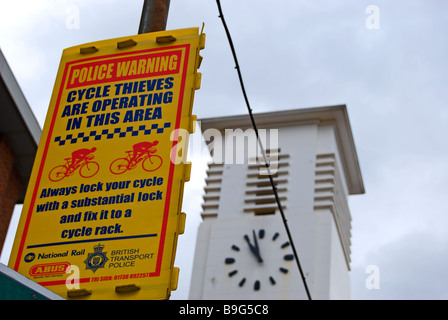 yellow police sign warning cycle thieves are operating in this area, at ...