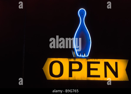 Blue neon bowling alley open sign Stock Photo - Alamy