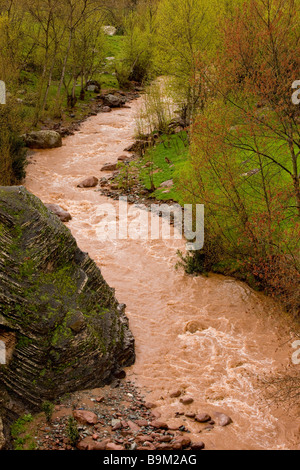 The Ourika river in spate after heavy rain, showing how much material ...