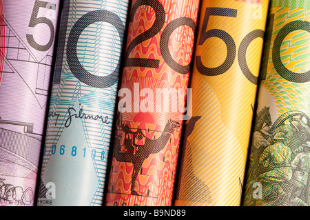 Rolled $5 $10 $20 $50 $100 Australian dollar notes Stock Photo - Alamy