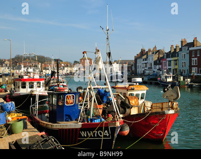 Small open fishing boats moored the harbor in the port of Chanaral in ...