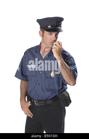 mature male police officer talking on radio set while criminologist ...
