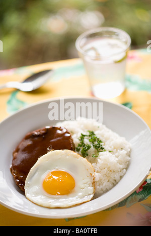Loco moco plate - a Hawaiian dish of steamed rice, hamburger patty ...