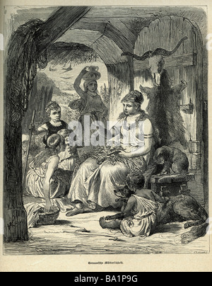 ancient world, Germanic Peoples, people, "Old Germanic feast", wood ...