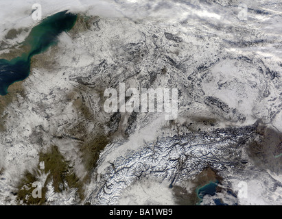 Satellite view of Europe in winter, with partial snow cover (with ...