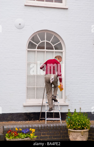 man on stepladder cleaning windows Stock Photo - Alamy