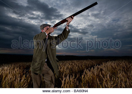 Man in field hunting aiming up into the sky with shot gun Stock Photo ...