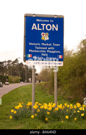 Sign for historic market town of Alton in Hampshire showing its twin ...