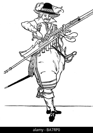 military, 17th century, musketeer loading his musket, pen drawing after ...