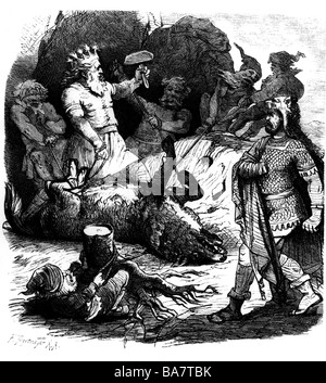 Thor (Donar), Germanic God of the thunder, with his chariot, wood ...