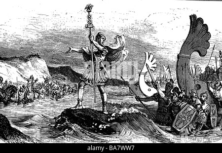 Roman army of Julius Caesar landing in Britain 55 BC. Hand-colored ...