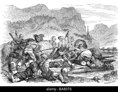 ancient world, Germanic Peoples, Cimbri crossing the Alps, sliding down ...