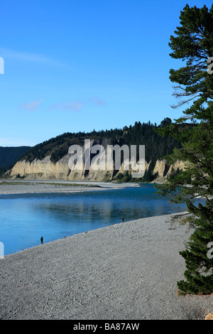Fly fishing on the banks of the Rakaia braided river, Rakaia Gorge ...
