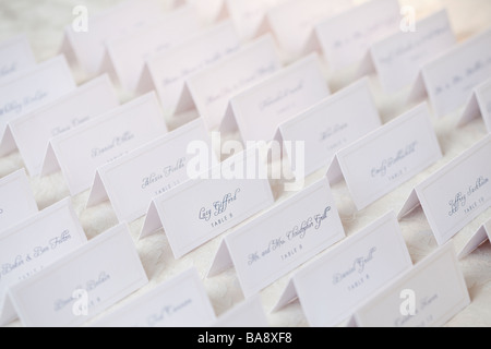 Wedding Table display with place cards on bone china plates Stock Photo ...