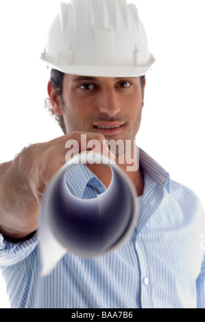 good looking old engineer with helmet holding clipboard and taking ...