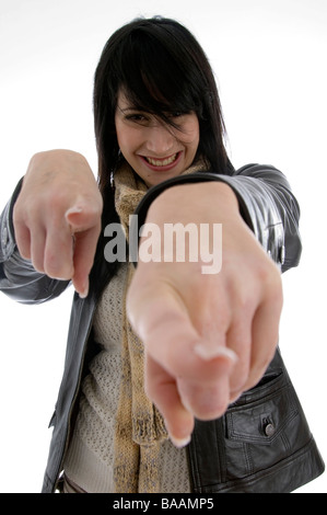 Gorgeous female pointing towards the camera Stock Photo - Alamy