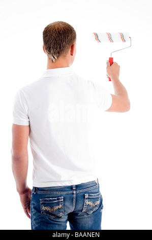 Young painter man with ladder isolated on white background Stock Photo ...