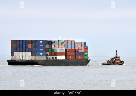 Container barge loaded with metal shipping containers in ocean USA ...