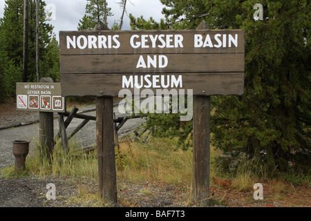 Sign for Norris Geyser Basin and Museum in Yellowstone National Park ...