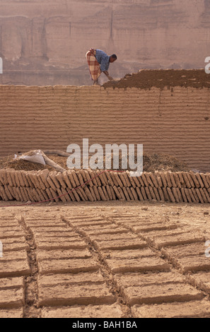 Yemen, Hadramawt Governorate, Wadi Hadramawt, man building house with ...