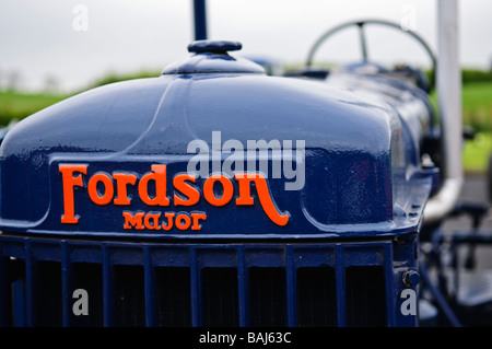 Front grille of a blue vintage Fordson Major farm tractor with a ...