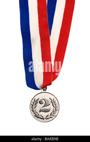 Silver medal. Second place winner award and ribbon. Athlete prize in ...