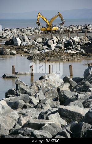 Town of Aberaeron, Wales. Construction of sea defences at Aberaeron ...