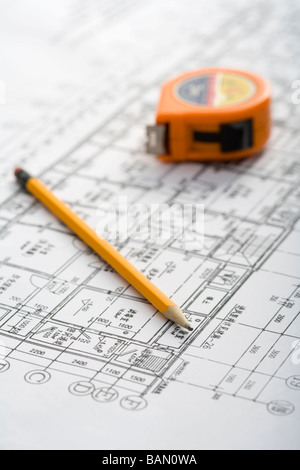 Blueprints with measuring instruments Stock Photo - Alamy