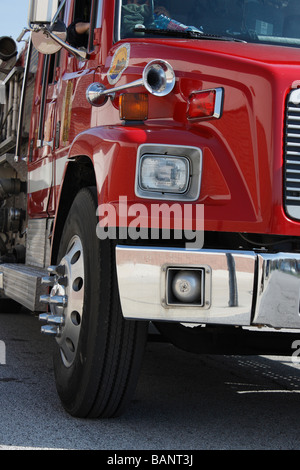 American red fire rescue truck from side close up low angle nobody ...