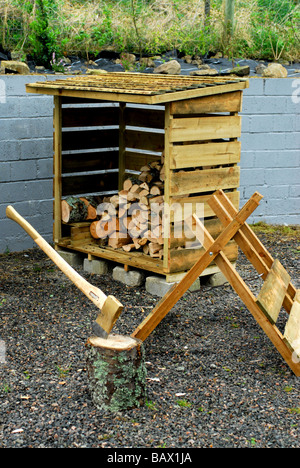 Log store chopping block and axe ready and waiting for some fresh Stock ...