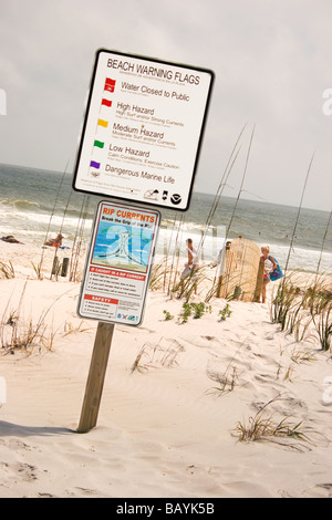 Sign explaining the meaning of beach warning flags and rip currents, on ...