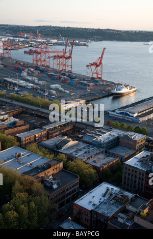 Aerial View of Pier 48 Seattle Washington at Sunset Looking East over ...
