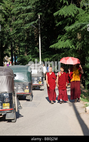 Exile Tibetan Buddhist monks walk on a street flanked on both sides by ...