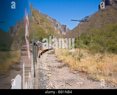 Copper Canyon, El Chepe, train arrives at Divisadero station along the ...