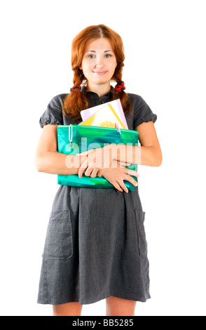 Young student with folder in her hand isolated over white background ...