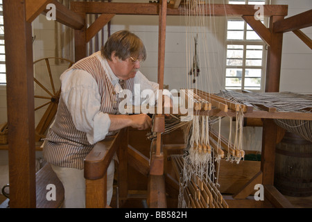 A period actor plays the role of a weaver in Colonial Williamsburg ...