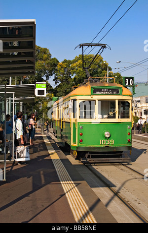 Melbourne Australia / A vintage Melbourne tram is stationery at a tram ...