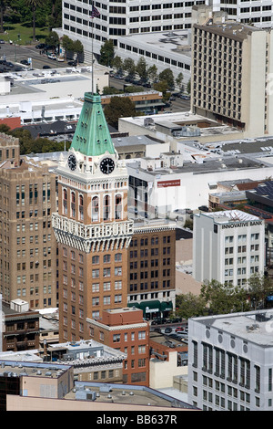 aerial view above Tribune newspaper clock tower Oakland California ...