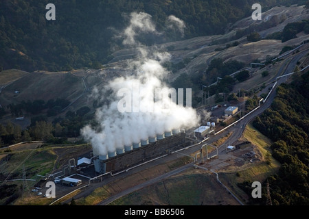 aerial above The Geysers largest group of geothermal power plants in ...