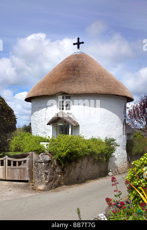 A thatched round house at Veryan a picturesque village on the Roseland ...