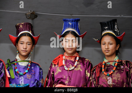 Ladakhi women wearing traditional costumes with Perak headdresses with ...