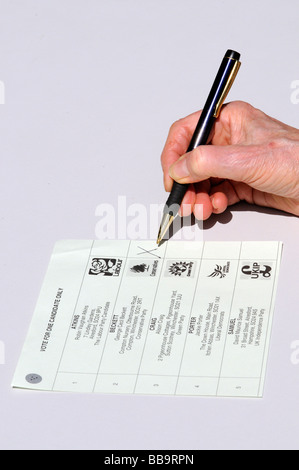 Voter marking a ballot paper with a cross to select a preferred ...