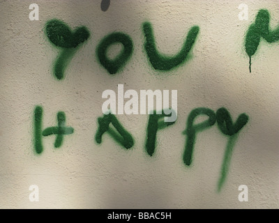 the word happy painted graffiti on banner in city town Stock Photo - Alamy