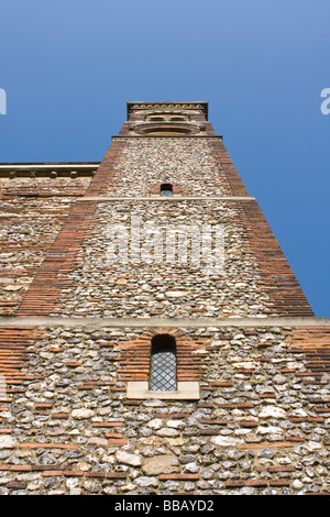 St Albans Abbey Cathedral tower flying blue and yellow St Albans flag ...